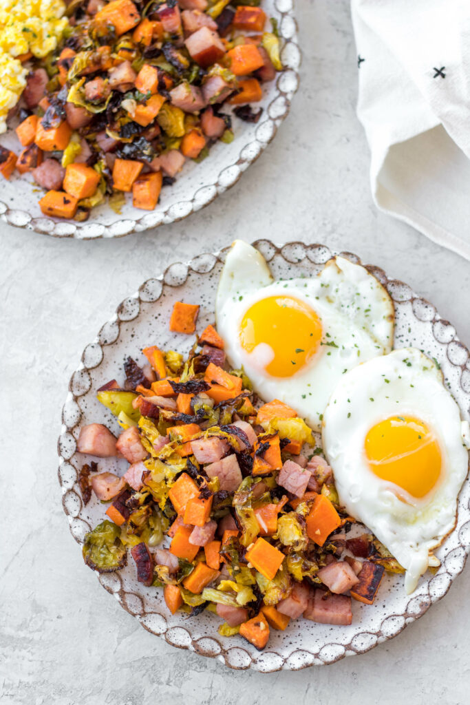 Simple Sheet Pan Ham, Brussels, and Sweet Potatoes - Whole Kitchen Sink