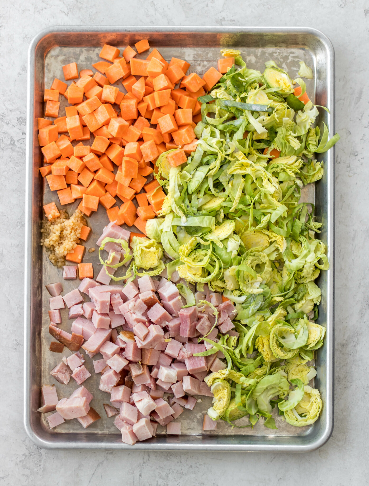 Simple Sheet Pan Ham, Brussels, and Sweet Potatoes - Whole Kitchen Sink