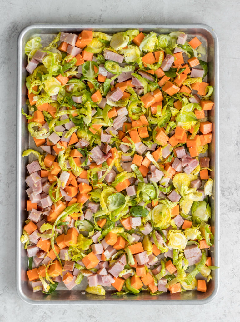 Simple Sheet Pan Ham, Brussels, and Sweet Potatoes - Whole Kitchen Sink