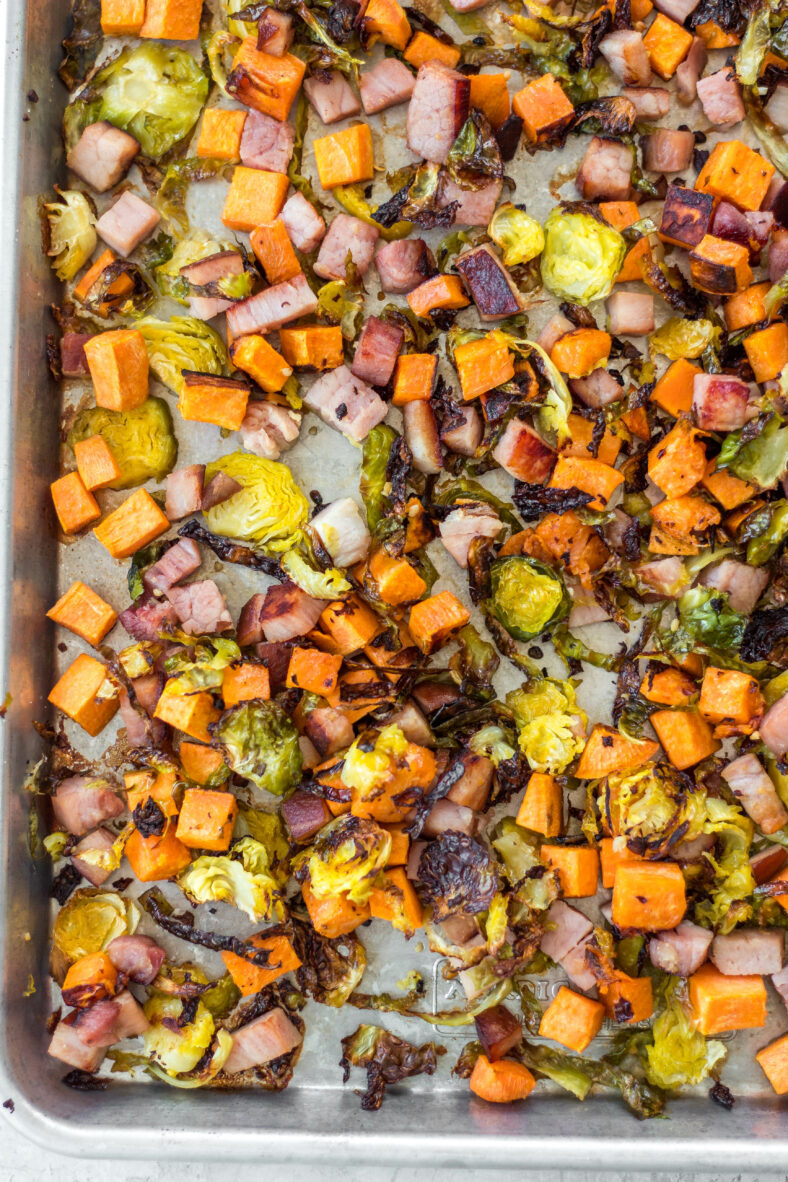 Simple Sheet Pan Ham, Brussels, and Sweet Potatoes - Whole Kitchen Sink