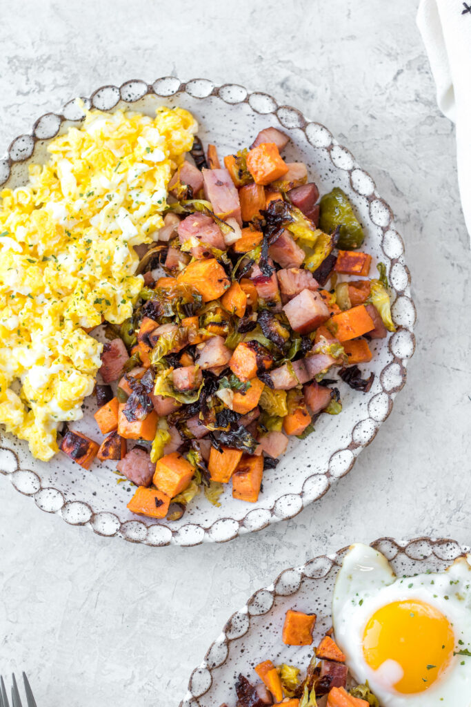 Simple Sheet Pan Ham, Brussels, and Sweet Potatoes - Whole Kitchen Sink